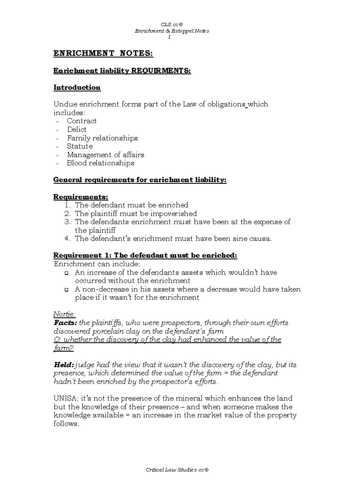 Enrichment Notes Final - Enrichment & Estoppel Notes 1 ENRICHMENT NOTES ...