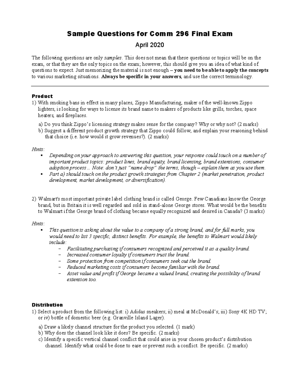 Final Exam 19 April 2019, questions and answers - Sample Questions for Comm 296 Final Exam April ...
