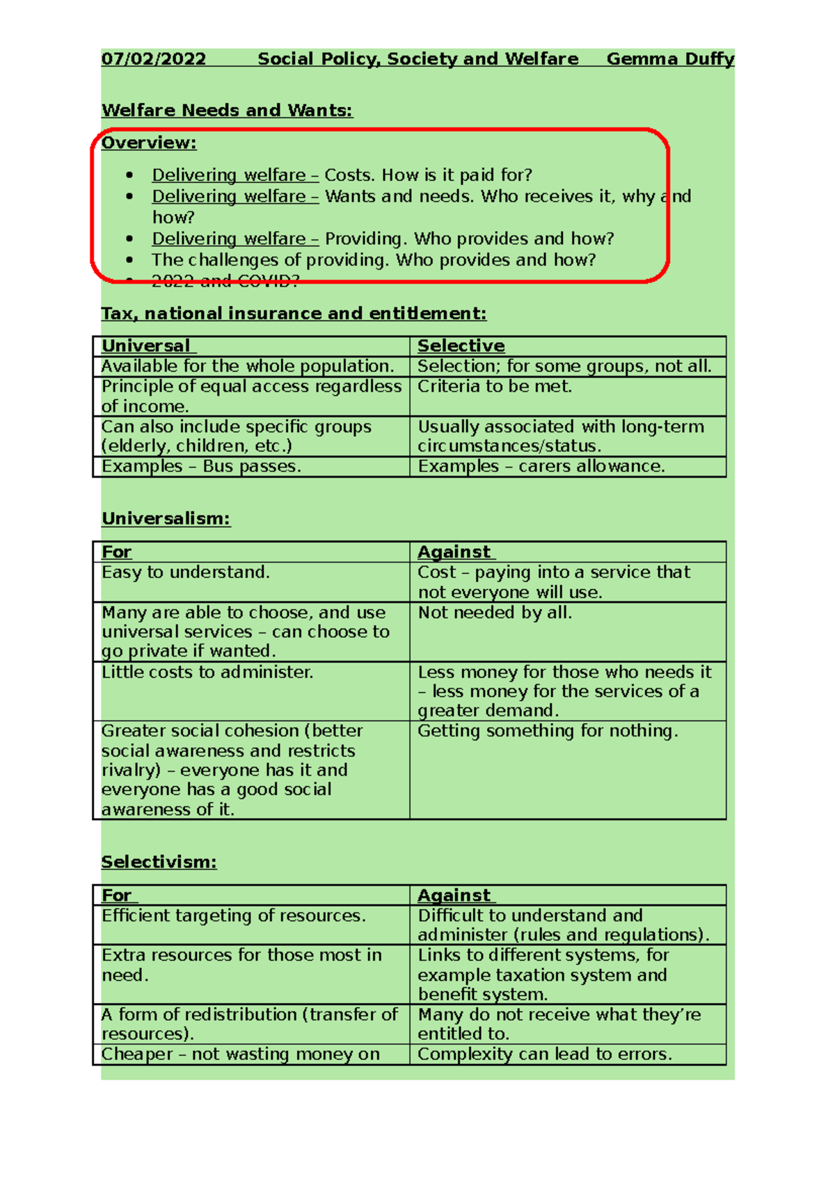 Lecture 3 - Welfare Needs and Wants - Welfare Needs and Wants: Overview ...