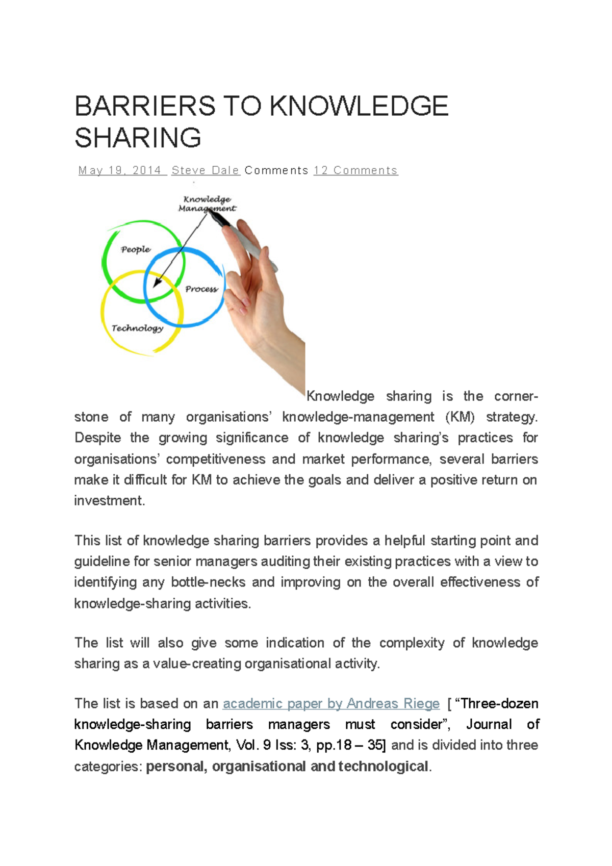 Barriers TO Knowledge Sharing - BARRIERS TO KNOWLEDGE SHARING May 19 ...