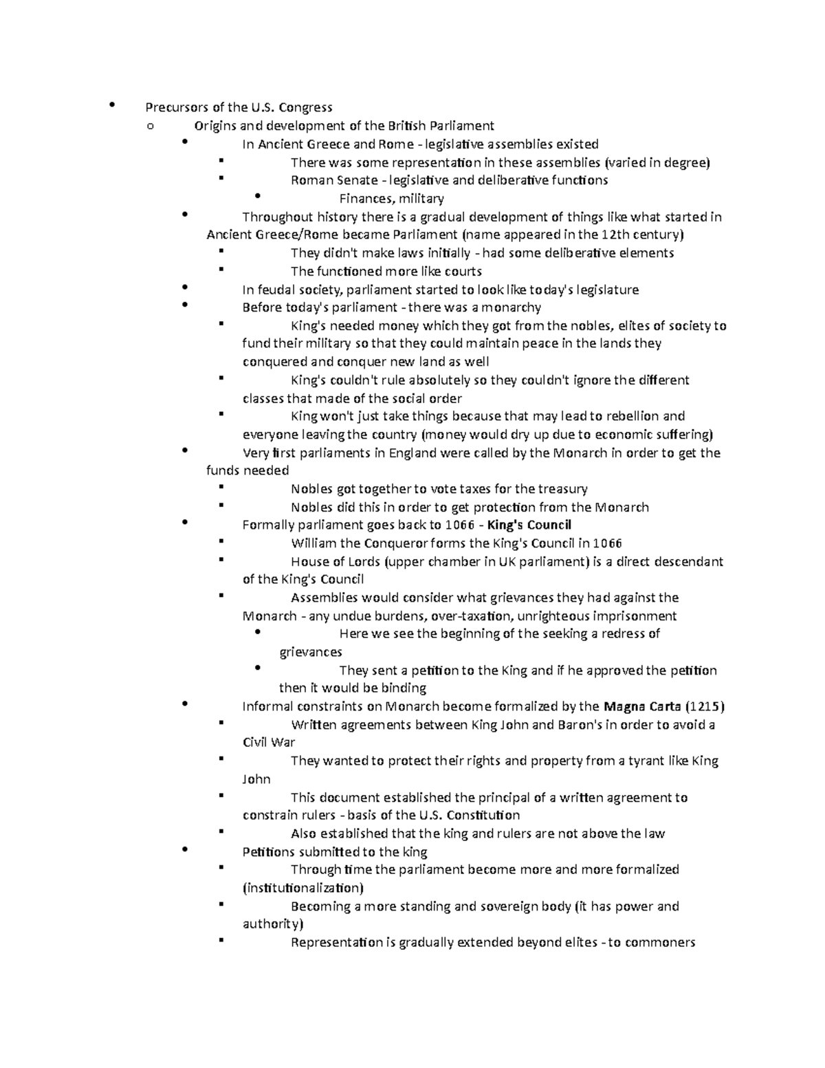POLS 3222 Notes - Precursors of the U. Congress o Origins and ...