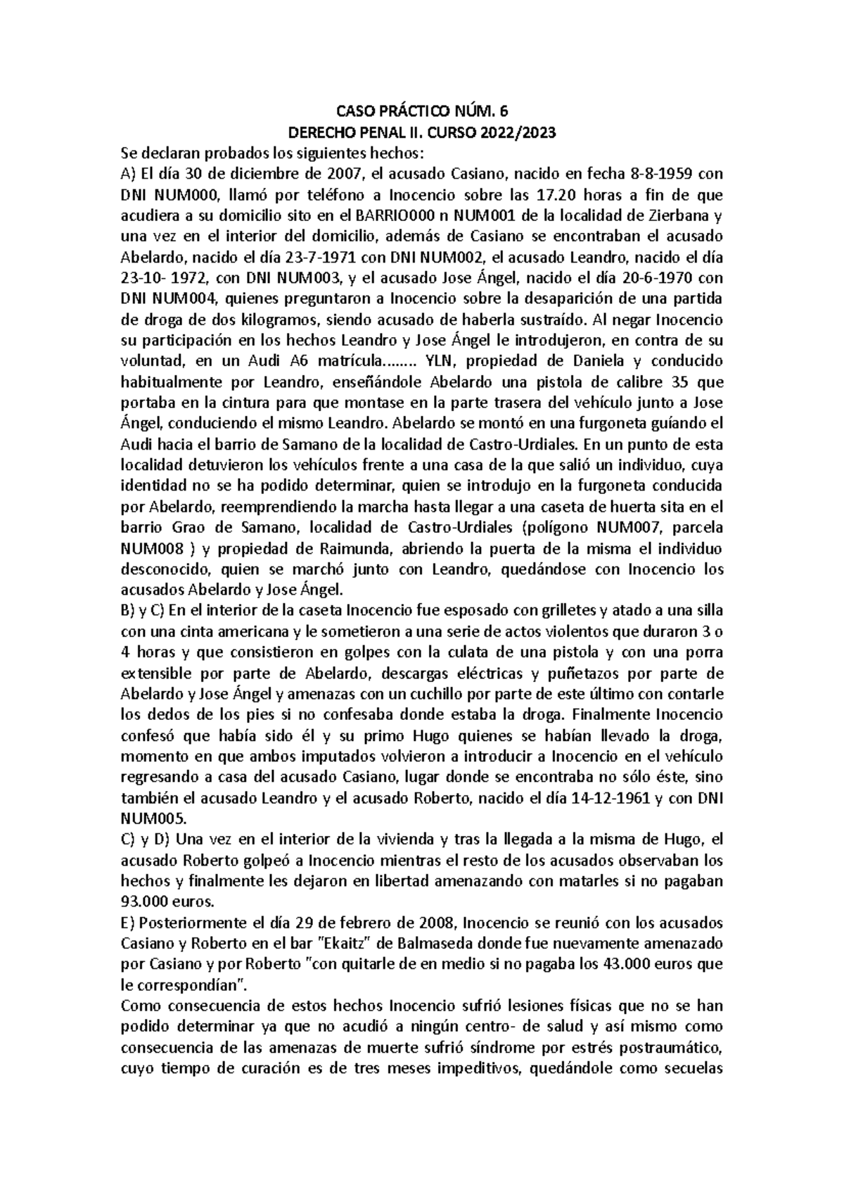 2023.CASO PRÁ Ctico NÚM6 - CASO PRÁCTICO NÚM. 6 DERECHO PENAL II. CURSO 2022/ Se declaran ...