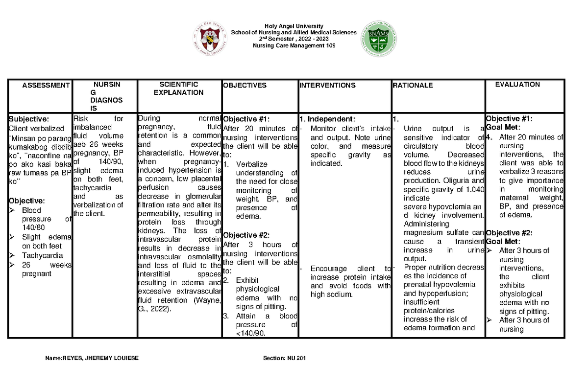 NCP last - Nursing care plan for high risk ob and pedia - Holy Angel ...