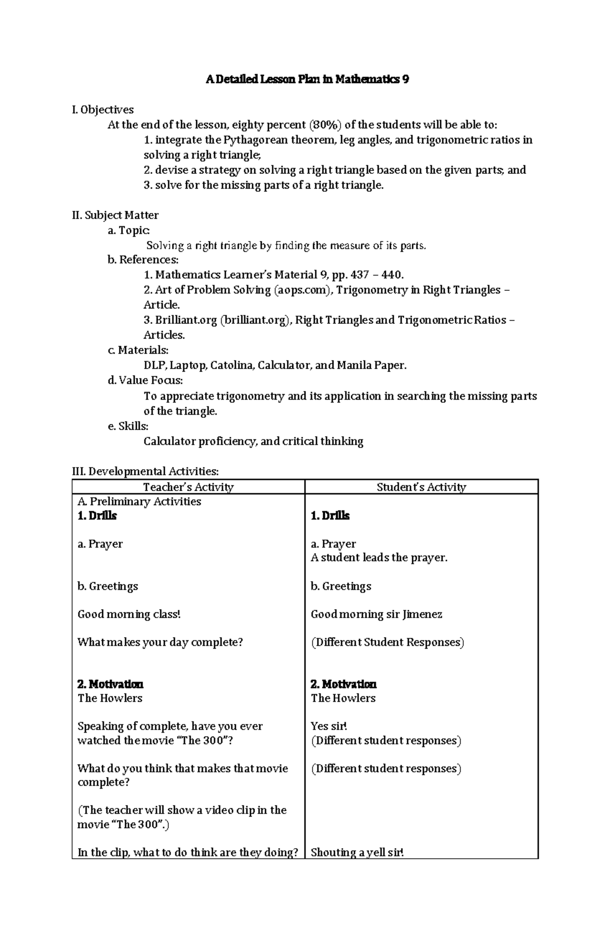 Lesson Plan on Solve Right Triangles - A Detailed Lesson Plan in ...