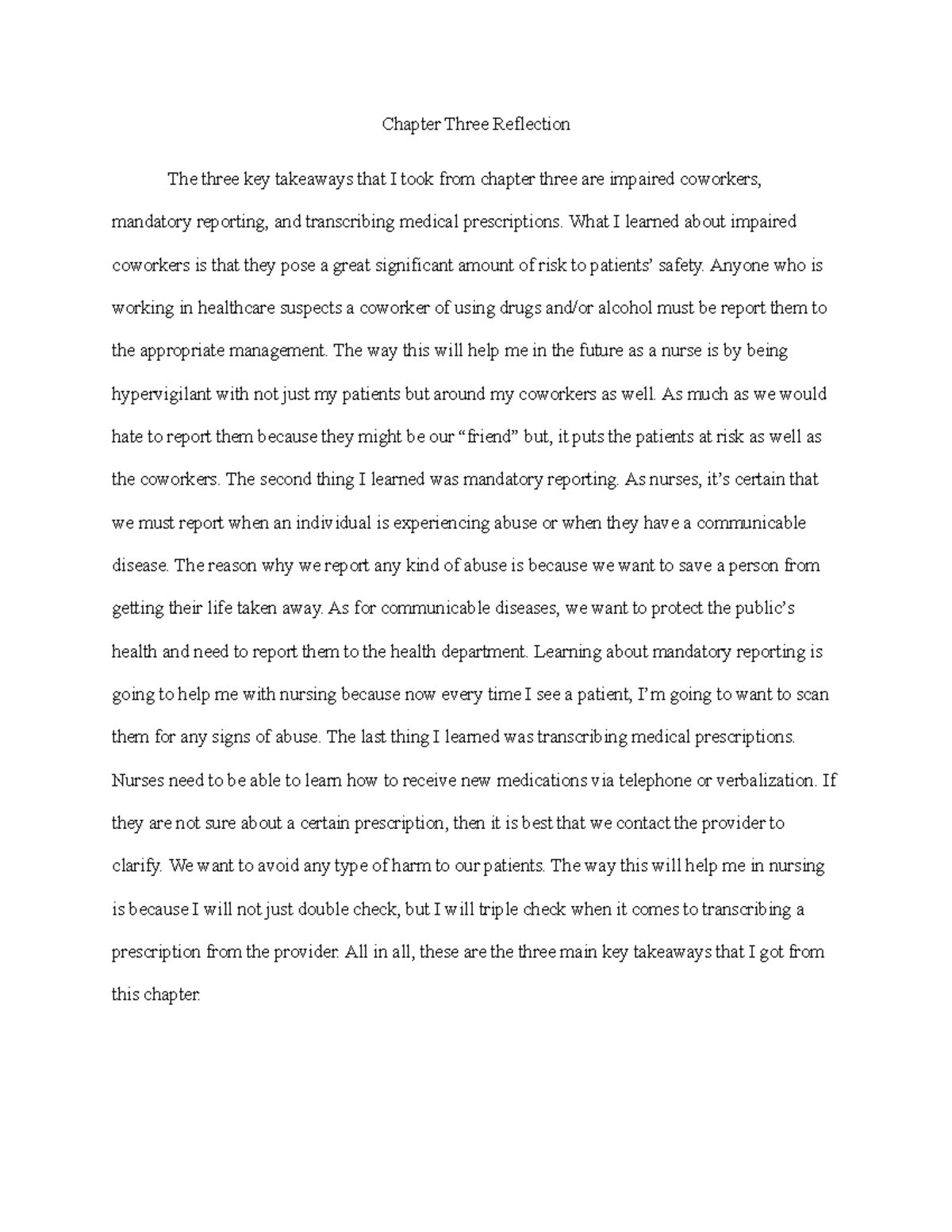 Chapter 3 Reflection - Assignments - Chapter Three Reflection The three ...