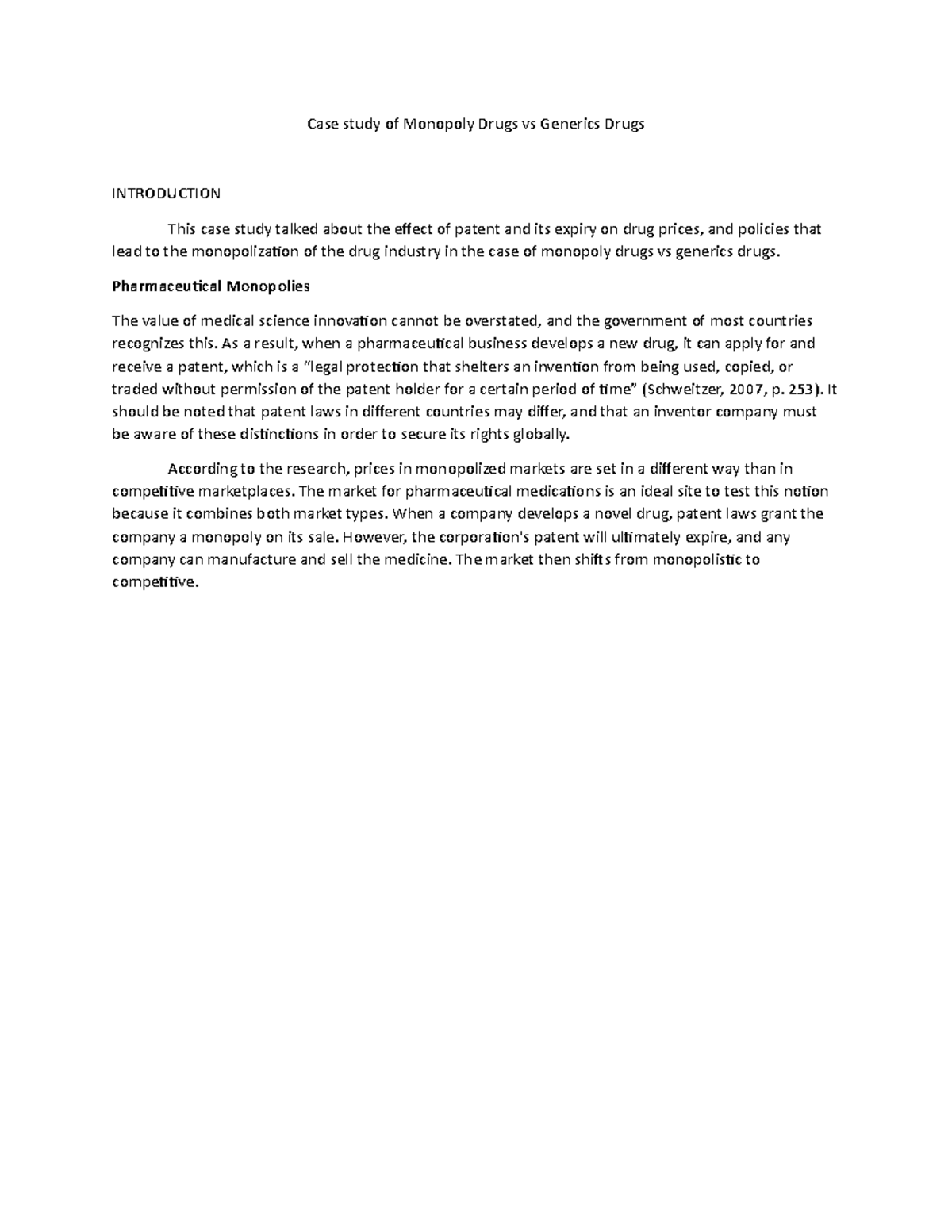 Case study of Monopoly Drugs vs Generics Drugs - Case study of Monopoly ...