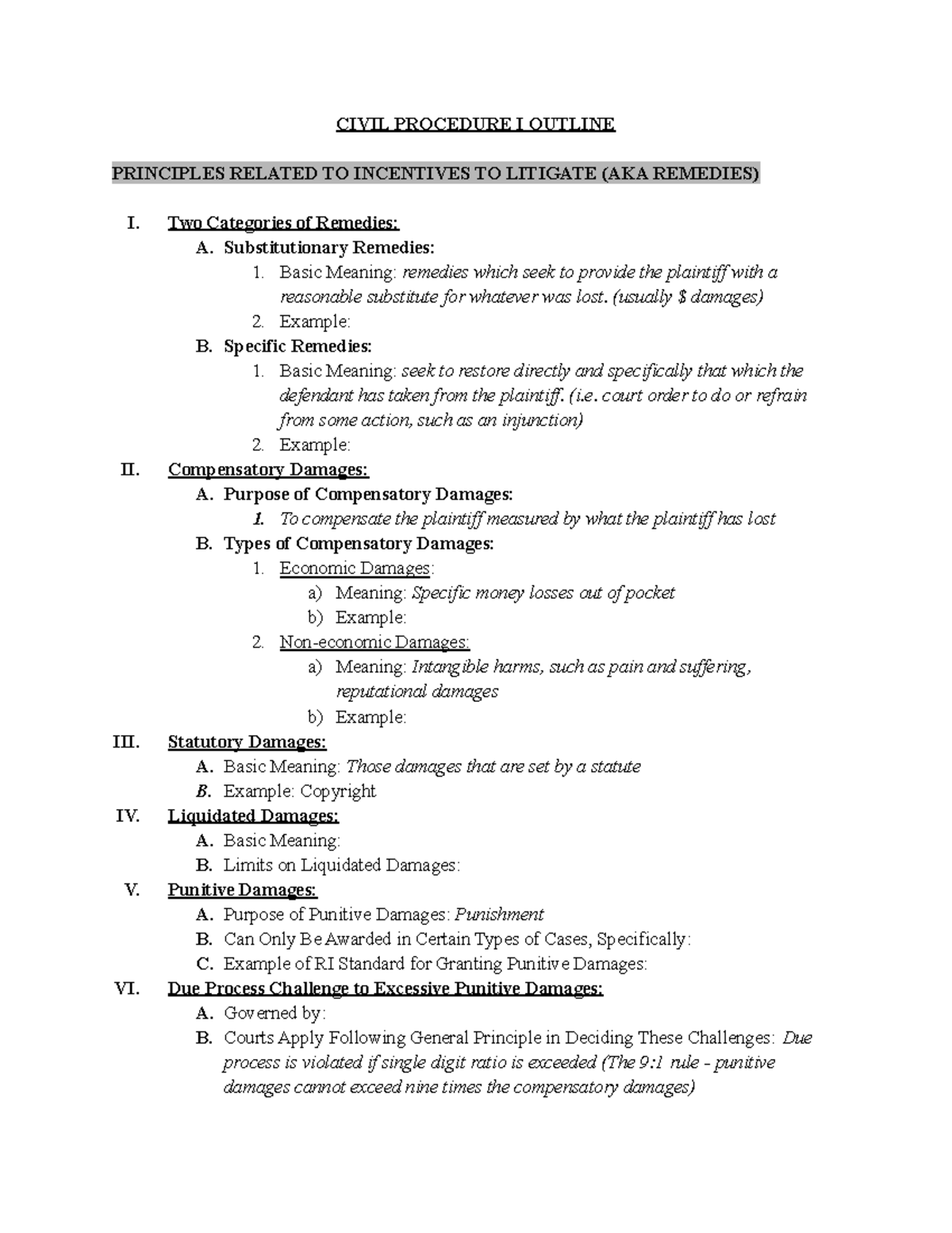 Civ Pro I Outline (Fall 2021) - CIVIL PROCEDURE I OUTLINE PRINCIPLES ...