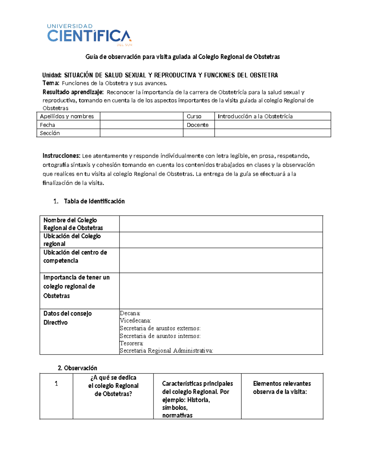 Módulode LA Visita Guiada AL Colegio Regional DE Obstetras - Guía de ...
