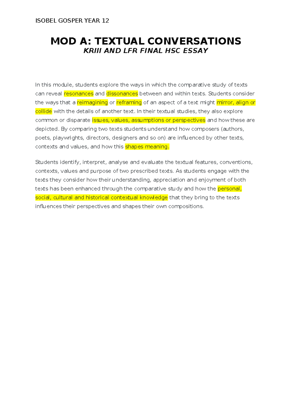 MOD A HSC Final Essay 92/100 - MOD A: TEXTUAL CONVERSATIONS KRIII AND ...