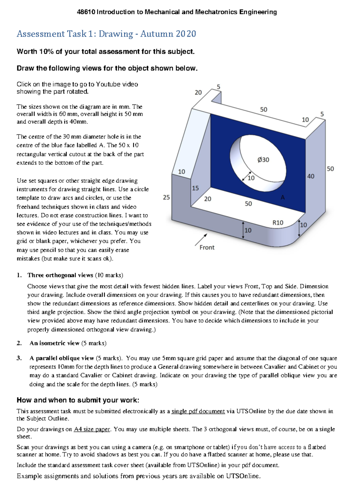 Drawing assessment task A 20 - 48610 Introduction to Mechanical and Mechatronics Engineering ...