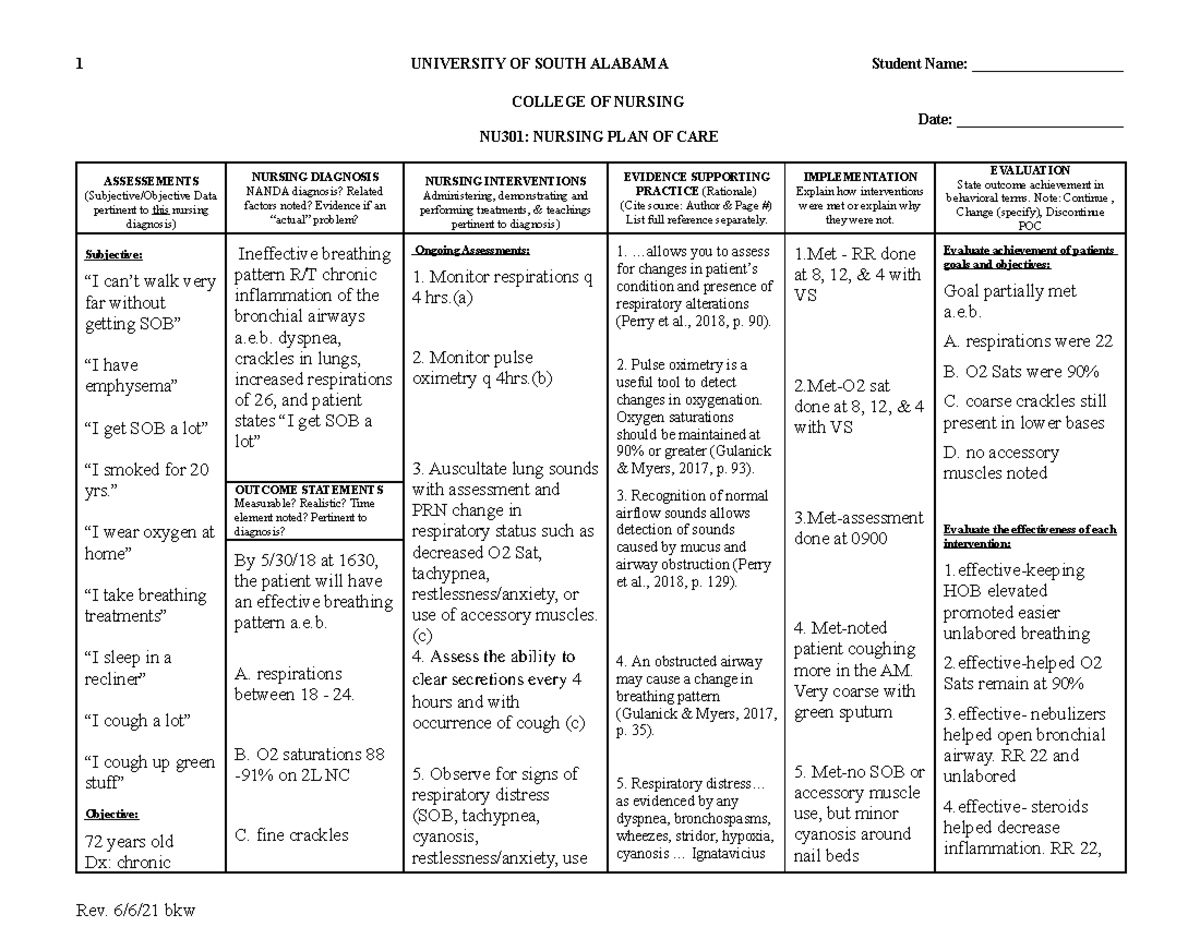 Example Care Plan Rev. 6 - 1 UNIVERSITY OF SOUTH ALABAMA Student Name ...