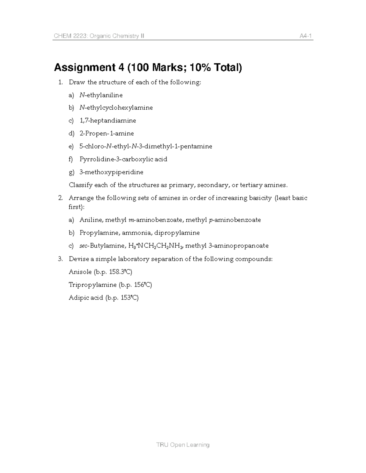 TRU organic CHEM 2223 Assignment 4 yes - CHEM 2223: Organic Chemistry ...