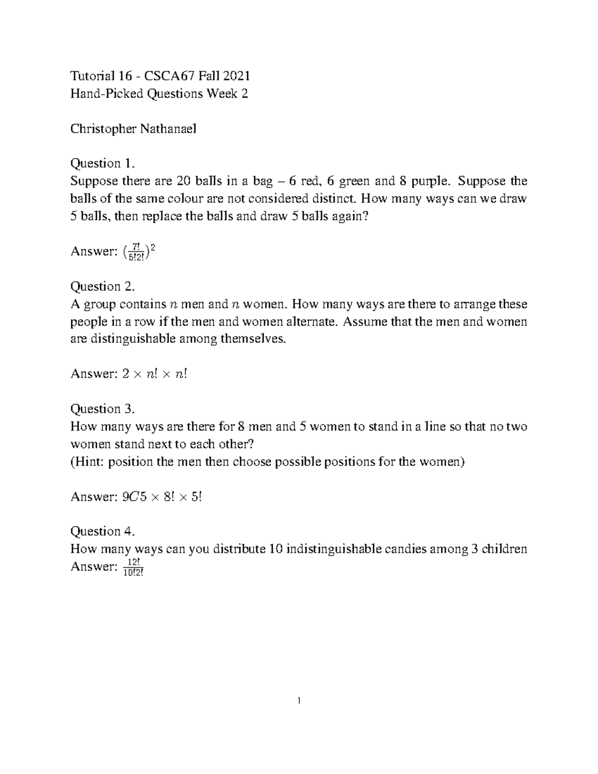 CSCA67 TUT16 WK3 Answer Key - CSCA67 - U of T - Studocu