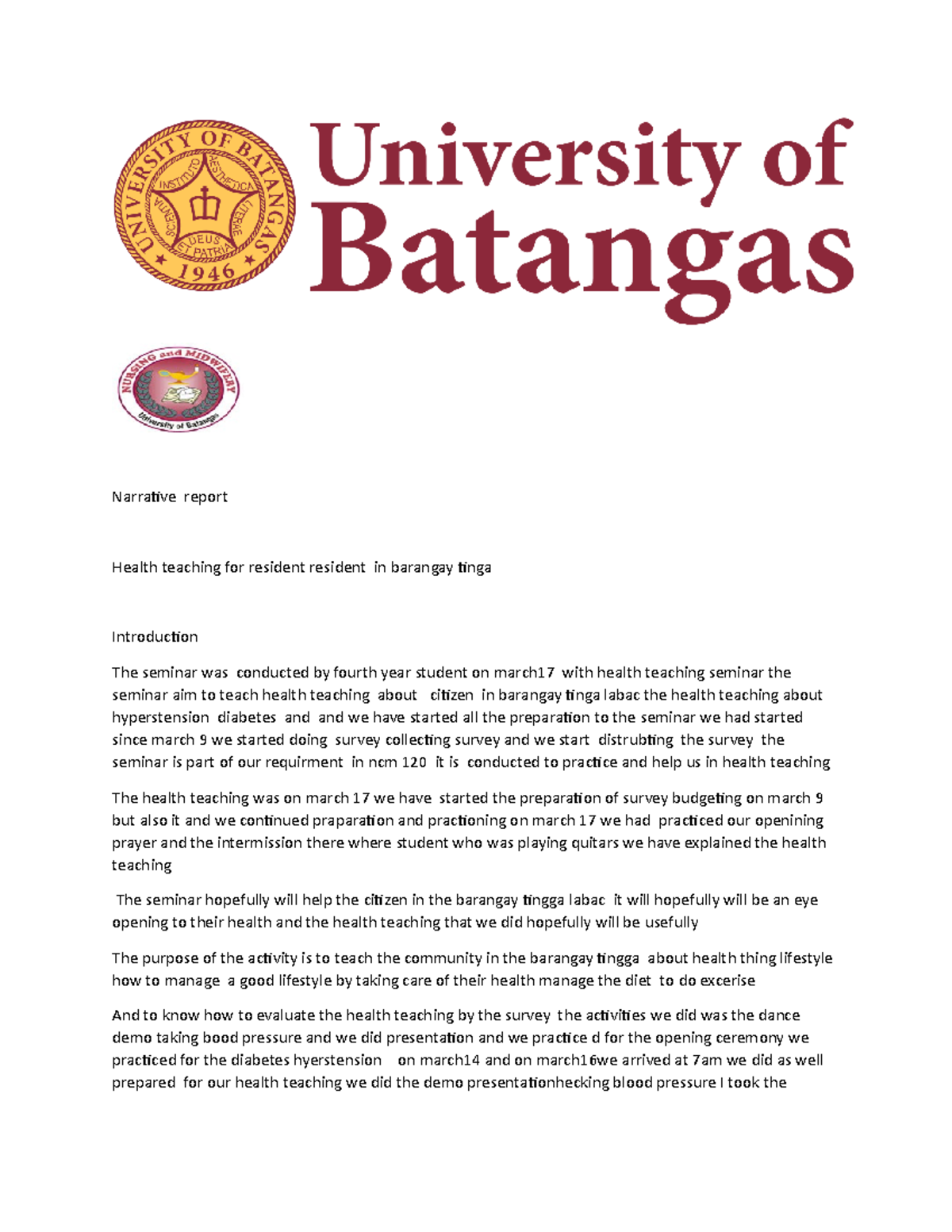 Narrative-report - n/a - Narrative report Health teaching for resident ...