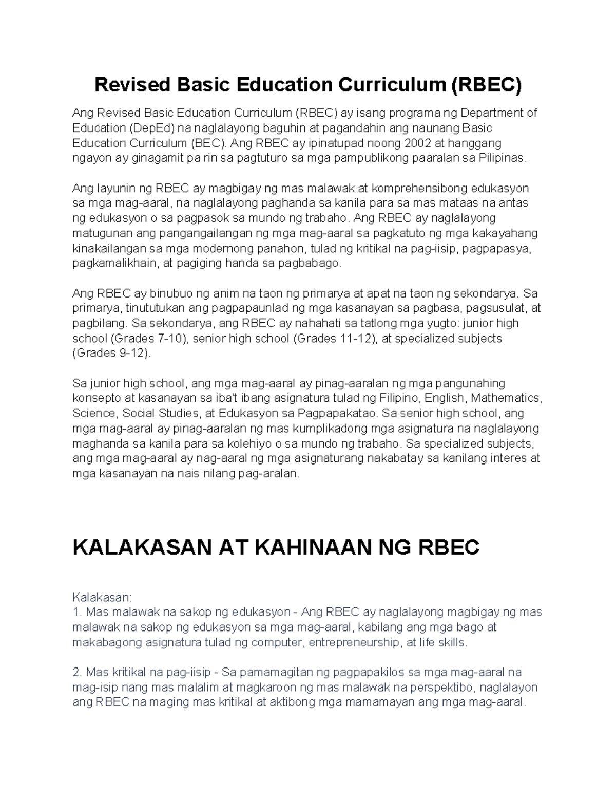 Revised Basic Education Curriculum (RBEC) - Ang RBEC ay ipinatupad ...