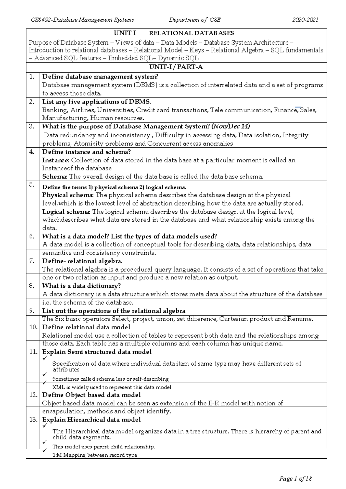 CS8492-Database management systems-2017 R Question bank - UNIT I RELATIONAL DATABASES Purpose of ...