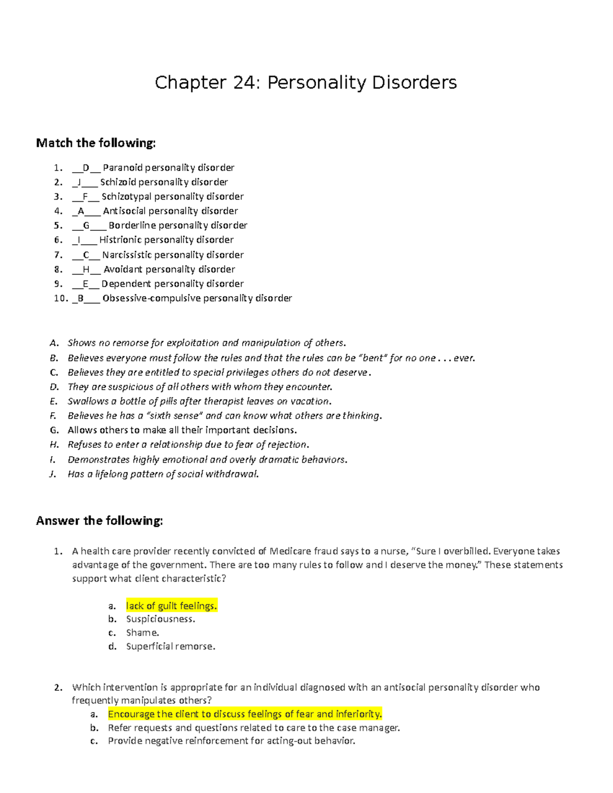 Chapter 21 Personality Disorders Assignment 2 - Chapter 24: Personality ...