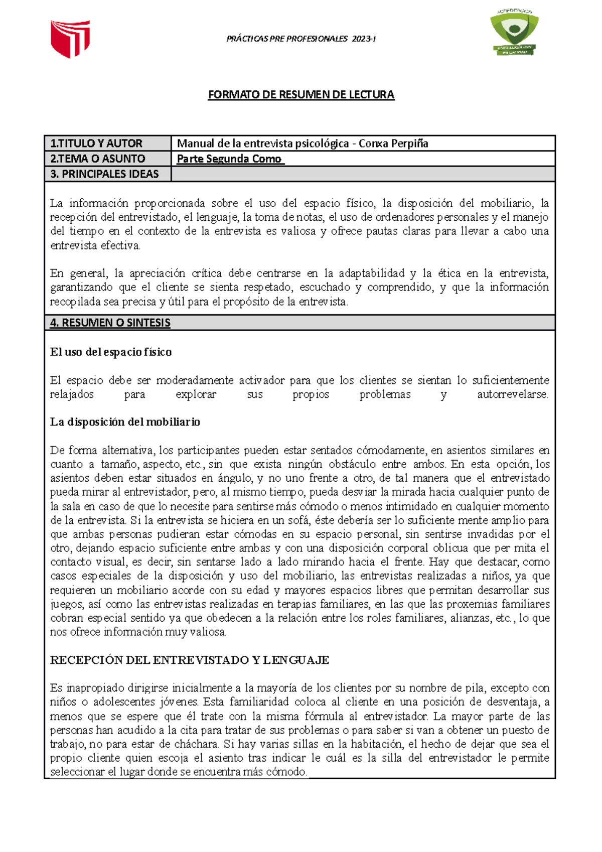Formato DE Resumen DE Lectura - FORMATO DE RESUMEN DE LECTURA 1 Y AUTOR ...