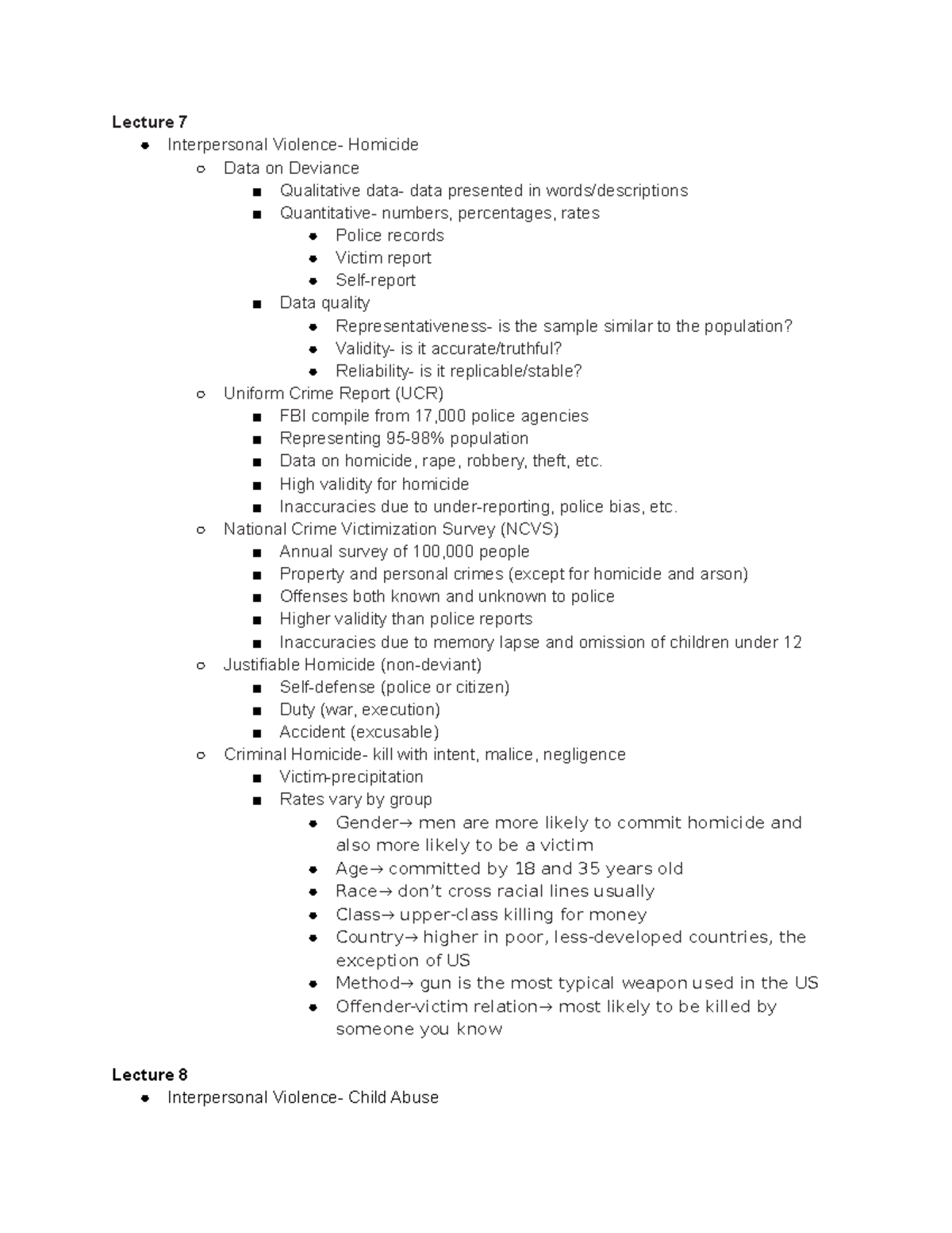 Social Deviance Notes- Quiz 3 - Lecture 7 Interpersonal Violence ...