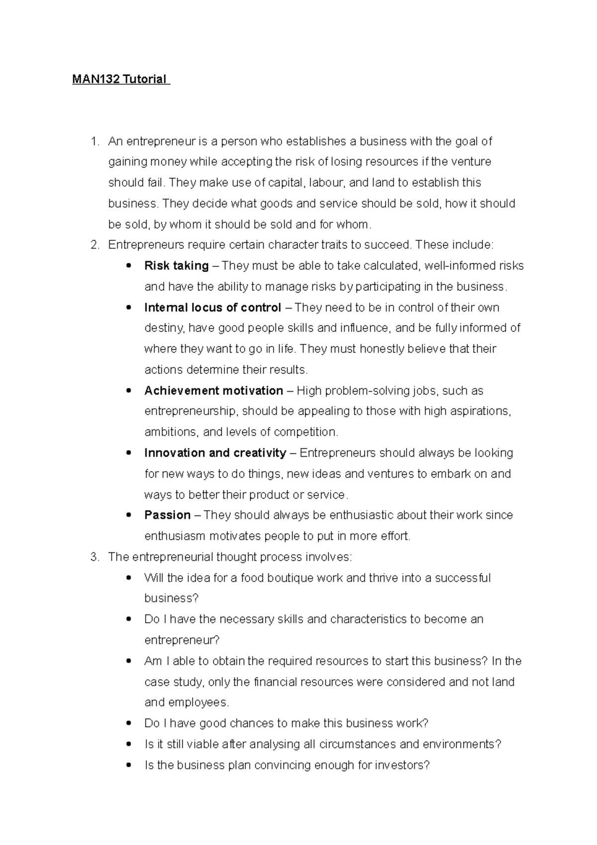 MAN132 Tutorial - MAN132 Tutorial An entrepreneur is a person who ...