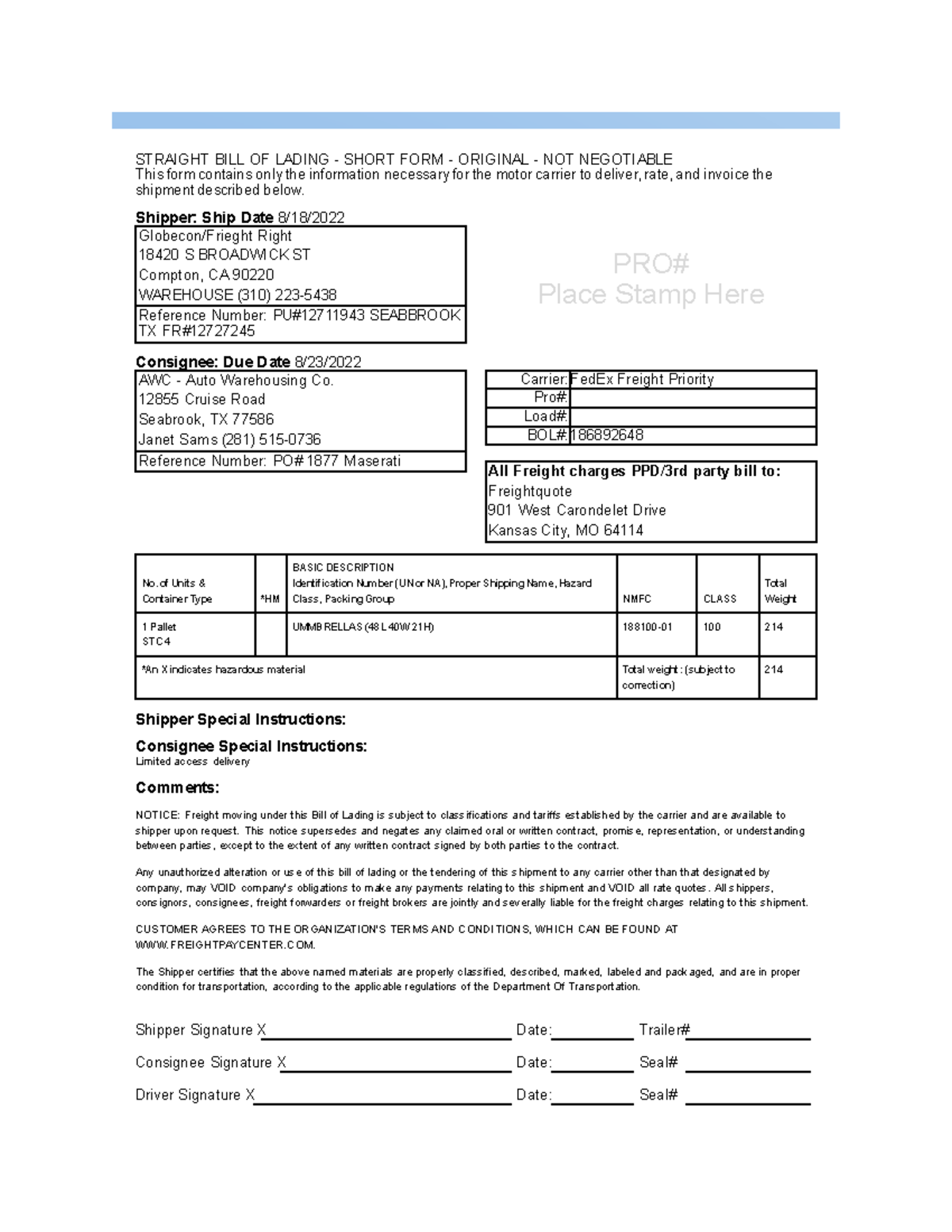 Chrbol 12727245 - jhgfds - STRAIGHT BILL OF LADING ­ SHORT FORM ...