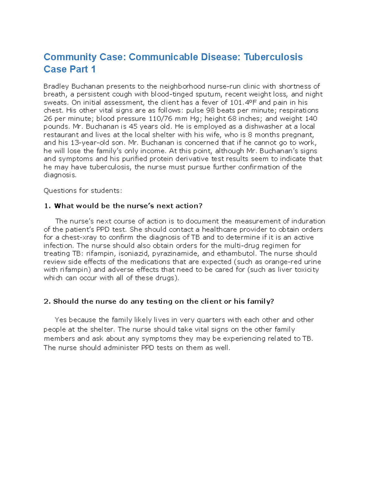 Course Point Communicable Disease TB case study question and answers ...