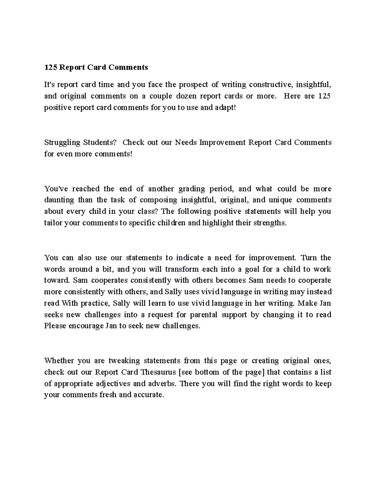 125 Report Card Comment - 125 Report Card Comments It's report card ...