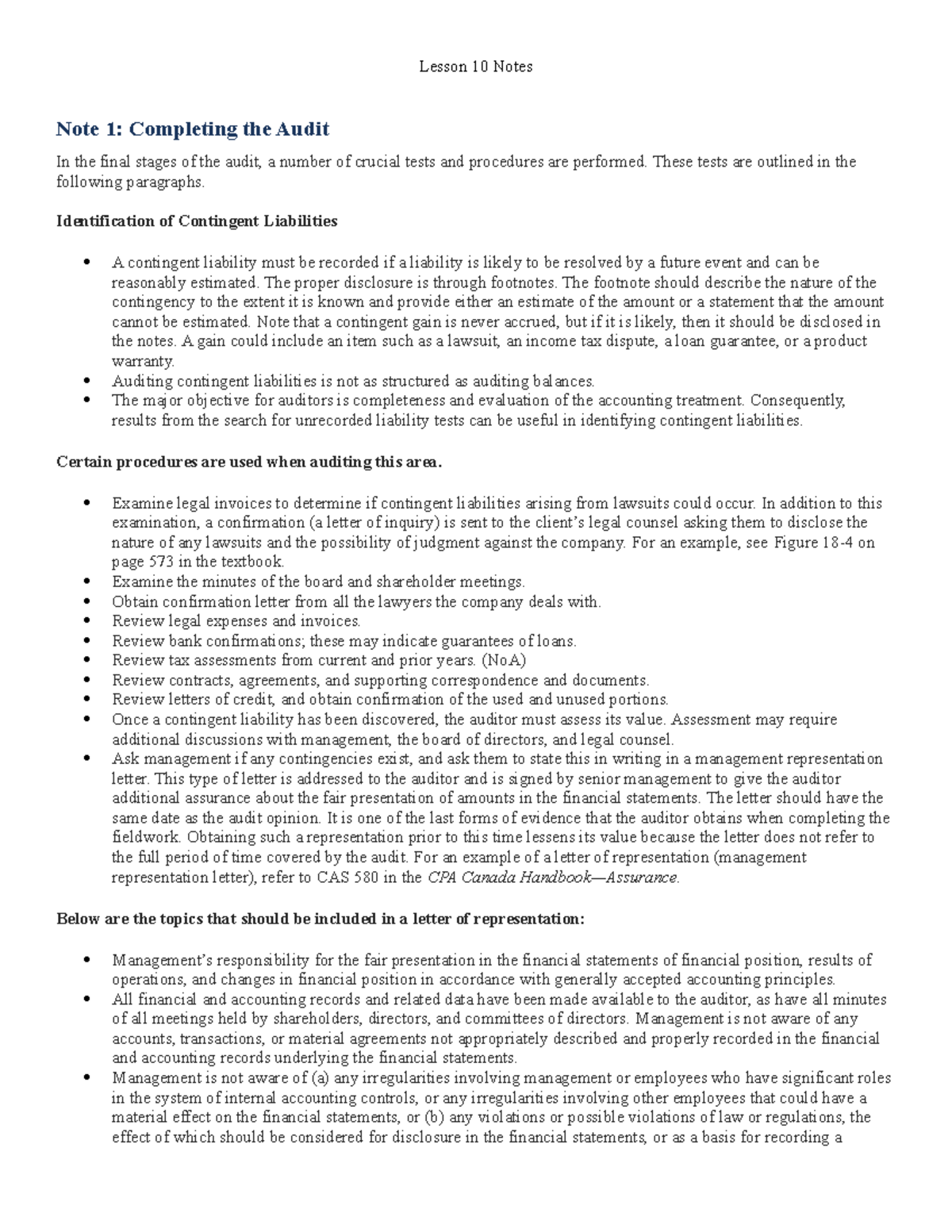 Lesson 10 Notes - Lesson 10 Notes Note 1: Completing the Audit In the ...