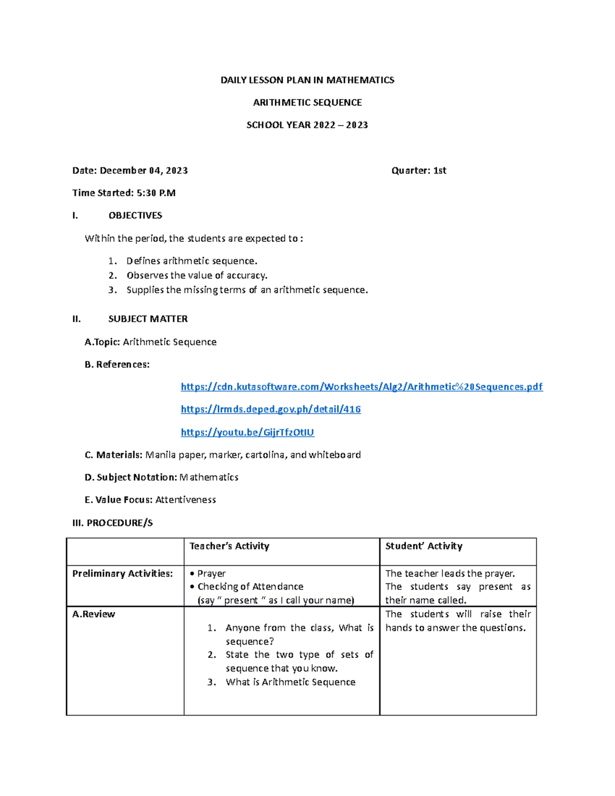 Lesson PLAN(DEMO EDUC7) - DAILY LESSON PLAN IN MATHEMATICS ARITHMETIC ...