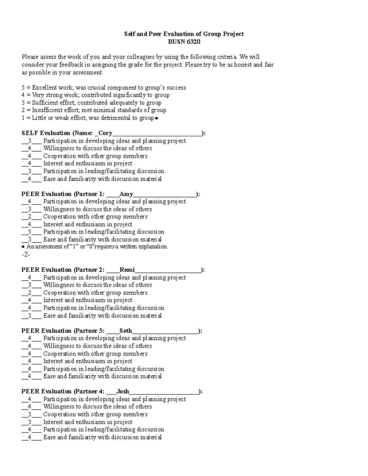 Self and Peer Evaluation of Group Project BUSN 6320 - We will consider ...