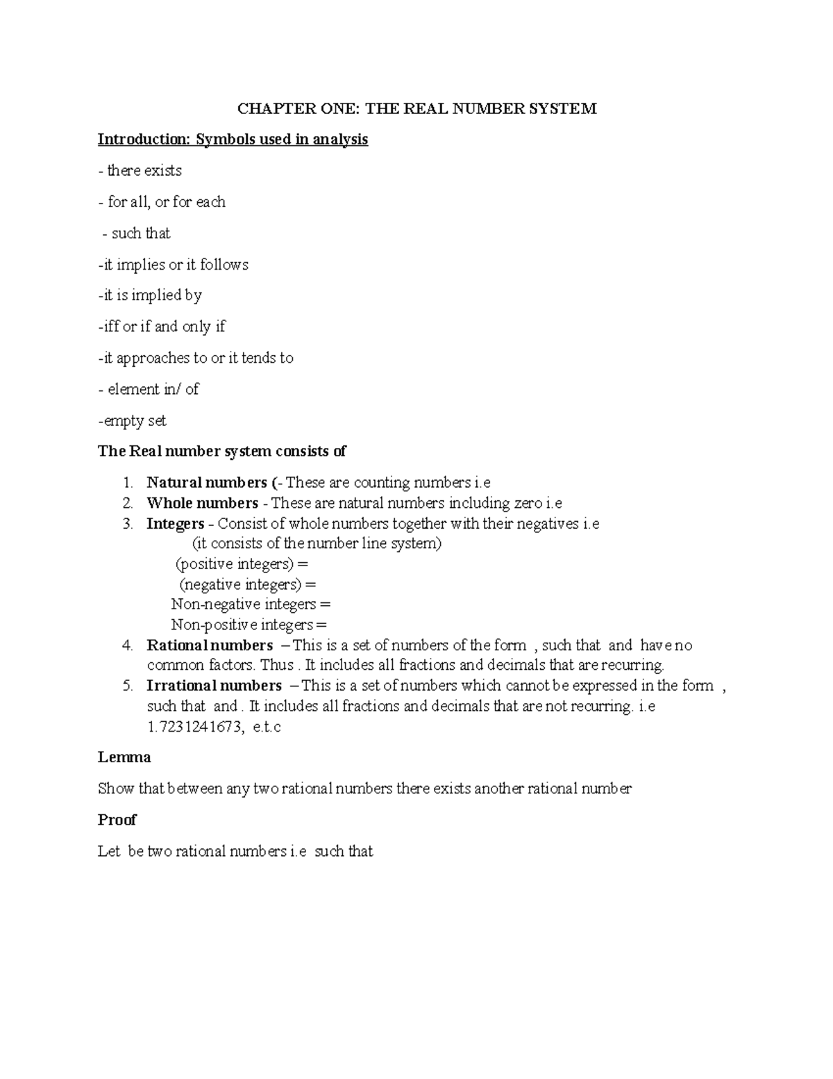 MATH 206 Topic ONE - Introduction to analysis - CHAPTER ONE: THE REAL ...