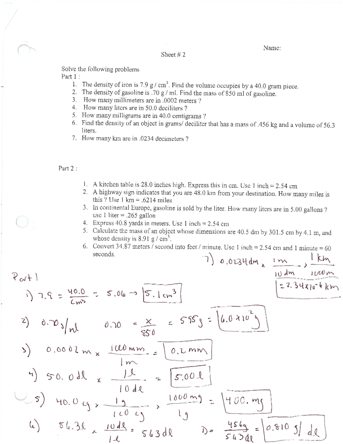 Unit 1 Sheet 2 - Very important to unit 1, dimensional analysis - Name ...
