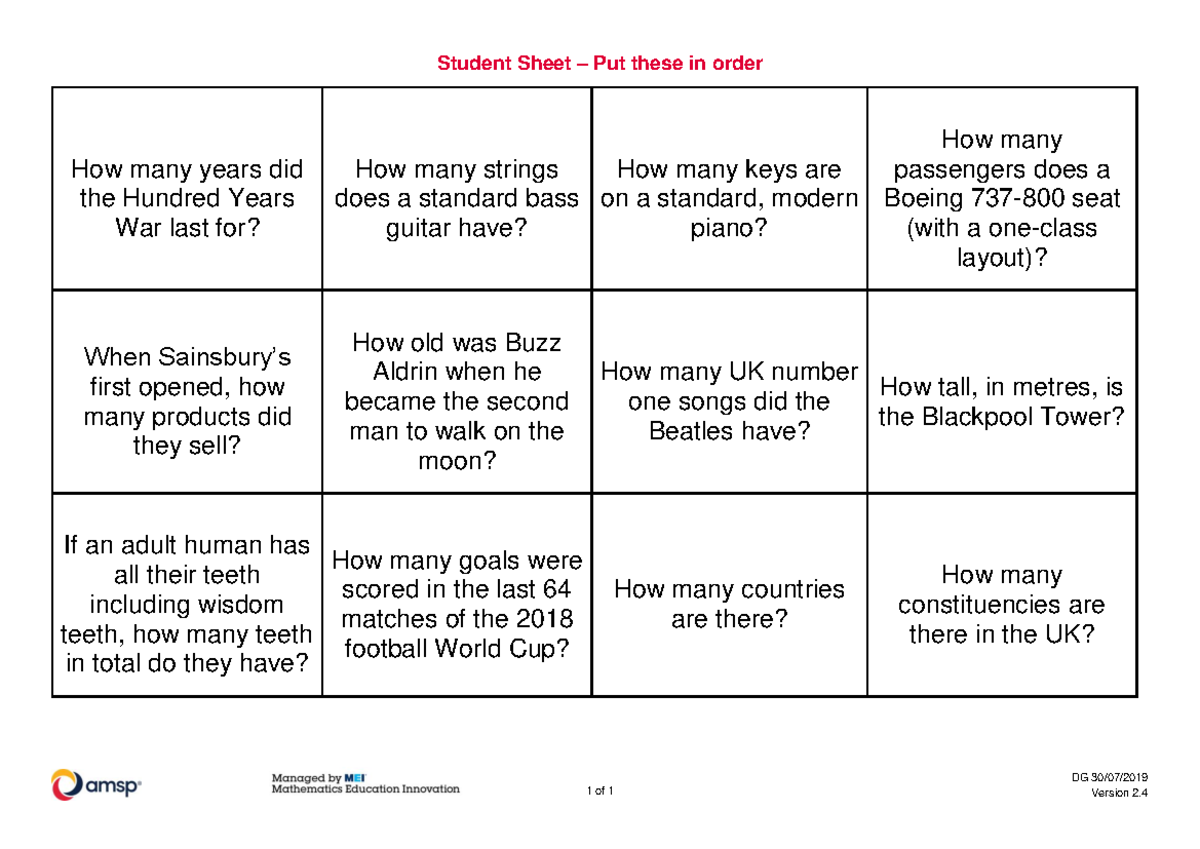 2a Student Sheets Put these in order v2.4 DG - DG 30/07/ 1 of 1 Version ...