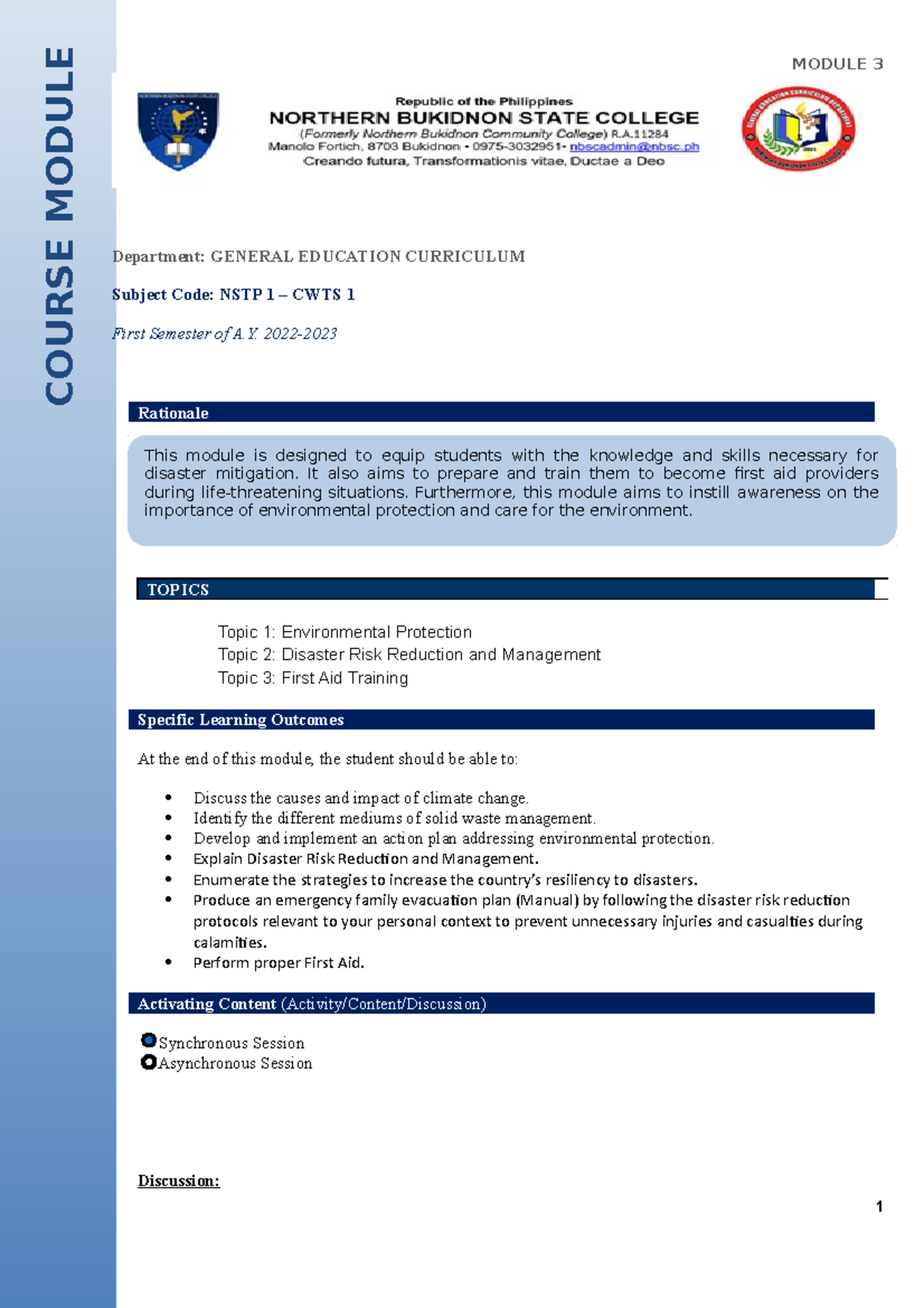 NSTP 1 CWTS 1 Module 3 Final - MODULE 3 Department: GENERAL EDUCATION ...