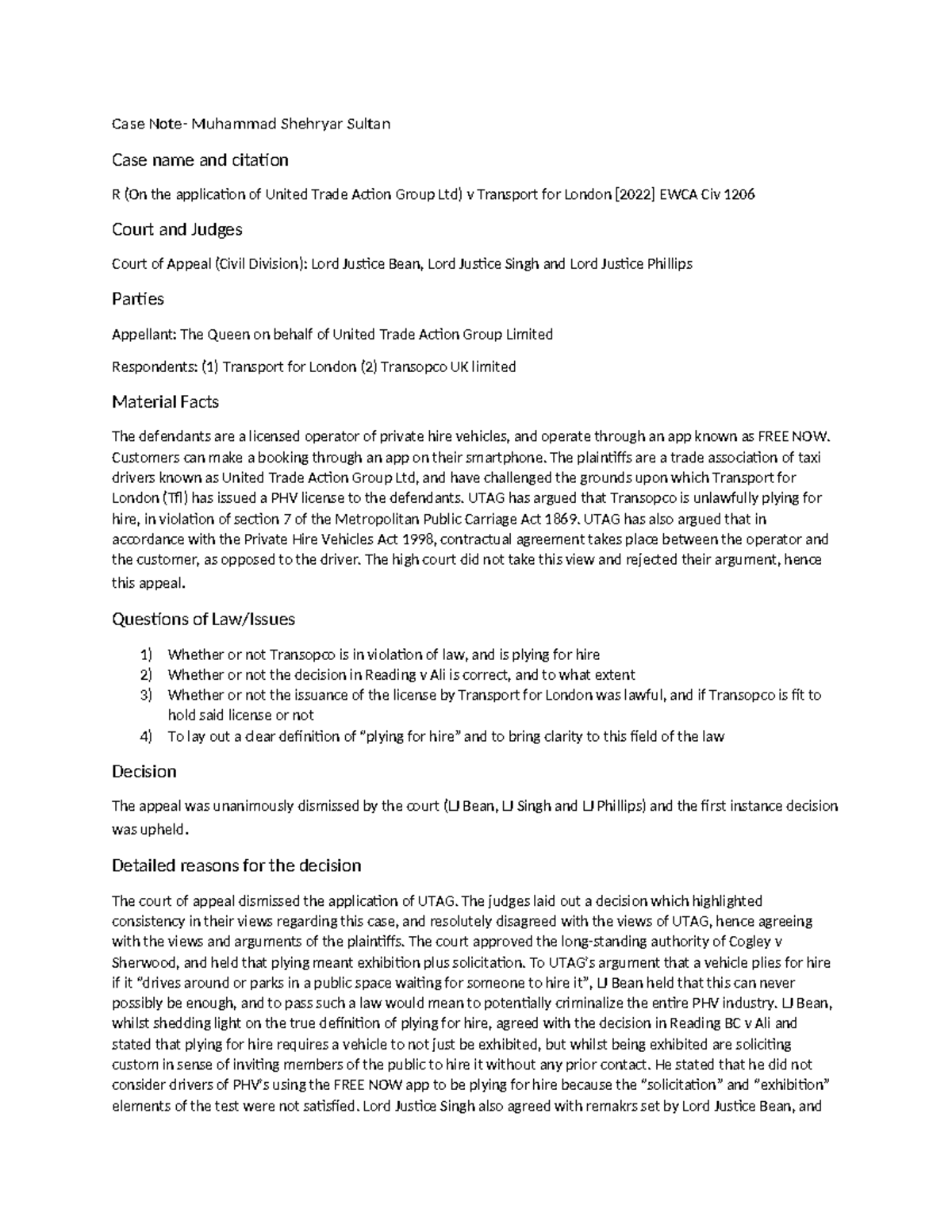 Case Note for lsm - Case Note- Muhammad Shehryar Sultan Case name and ...
