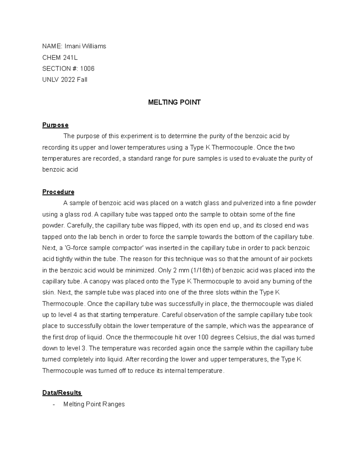 Lab Report #2 - NAME: Imani Williams CHEM 241L SECTION #: 1006 UNLV ...