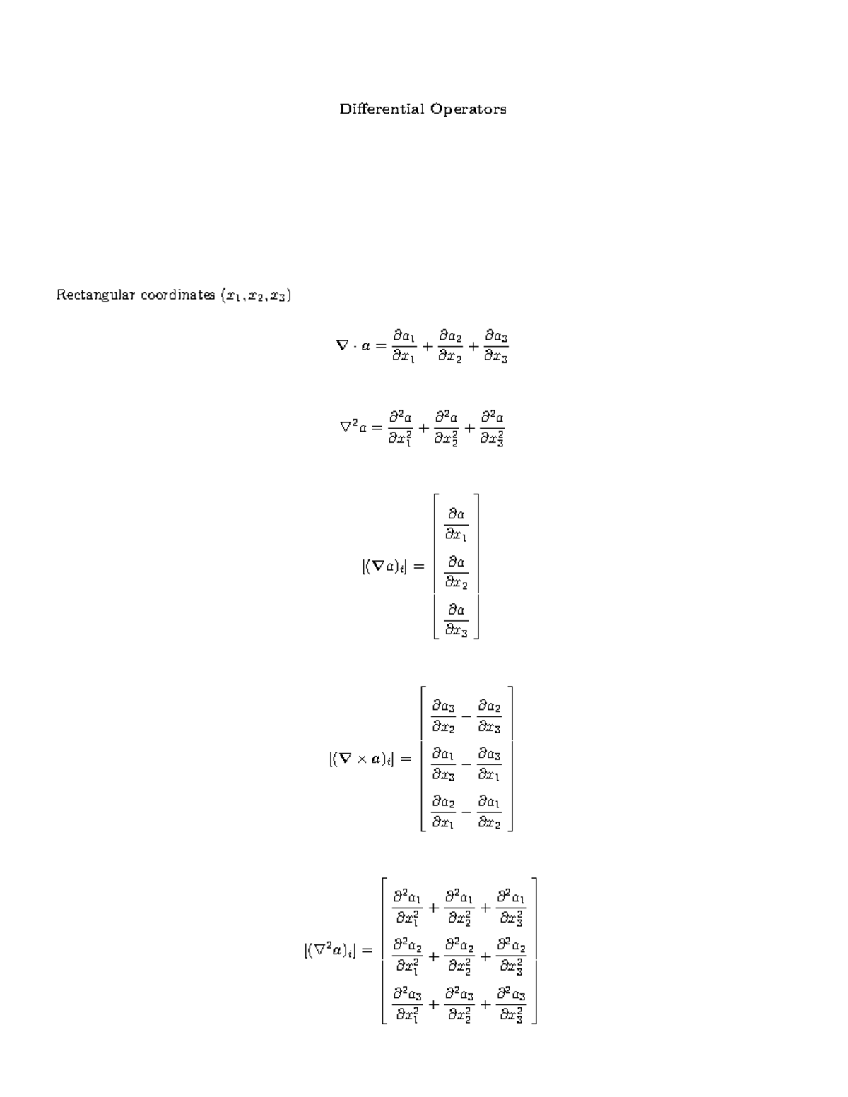Handbook MCTP - Differential Operators Rectangular coordinates (x 1 , x ...