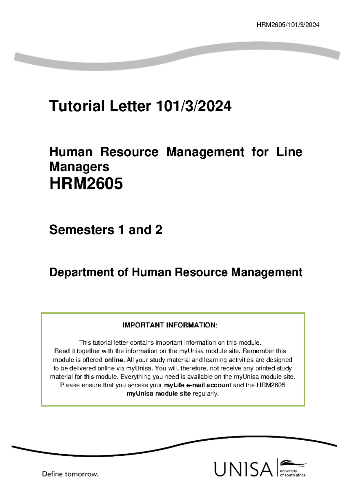 Tutorial Letter 101 HRM - Tutorial Letter 101/3/ 2024 Human Resource ...