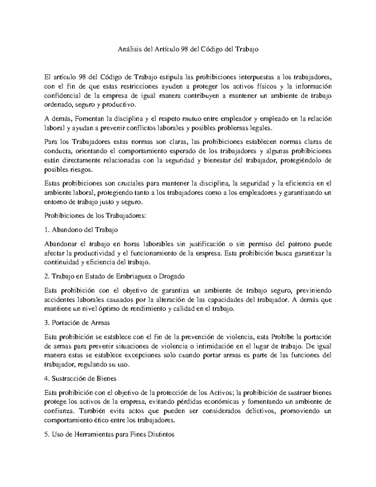 Analisis del Articulo 98 - CT - Análisis del Artículo 98 del Código del ...