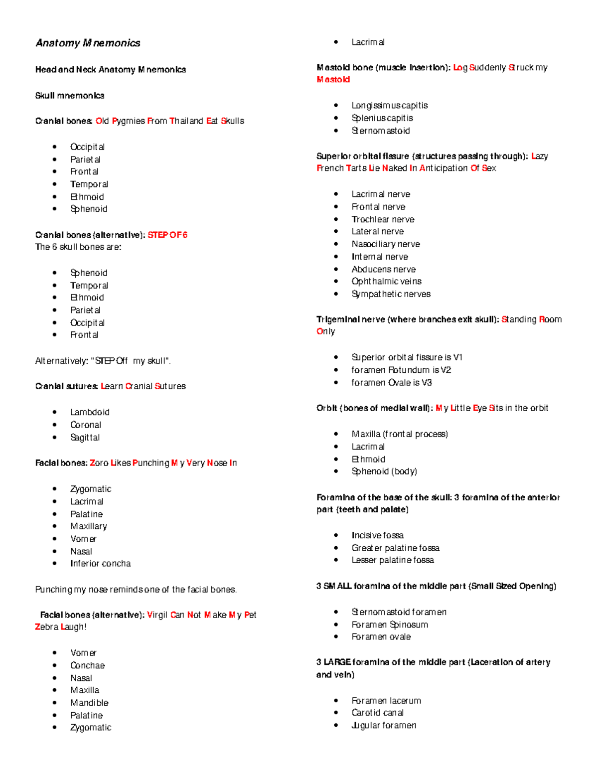 37599441 Anatomy Mnemonics Anatomy Mnemonics Head And Neck Anatomy