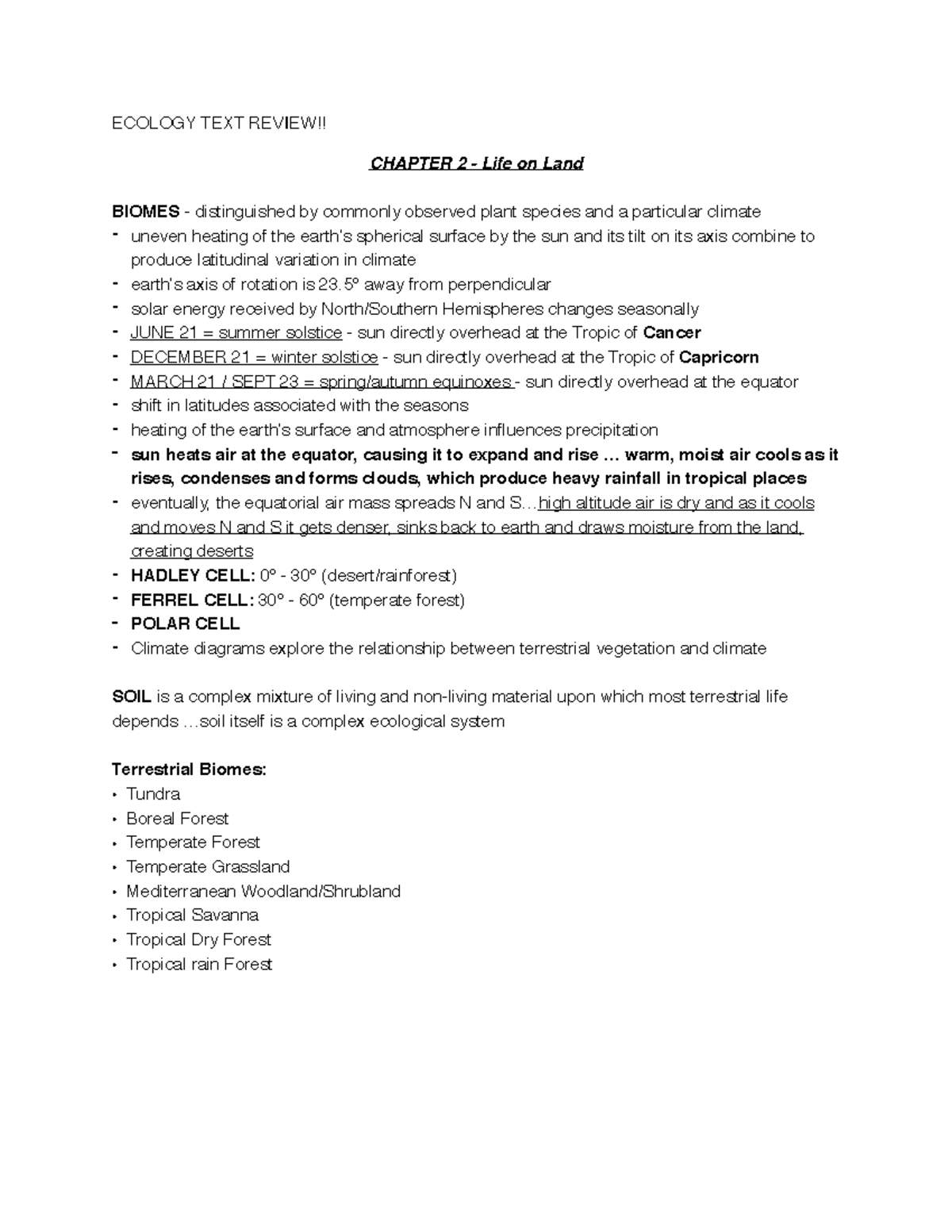 Lecture notes, chapters 1-23 - ECOLOGY TEXT REVIEW!! CHAPTER 2 Life on ...