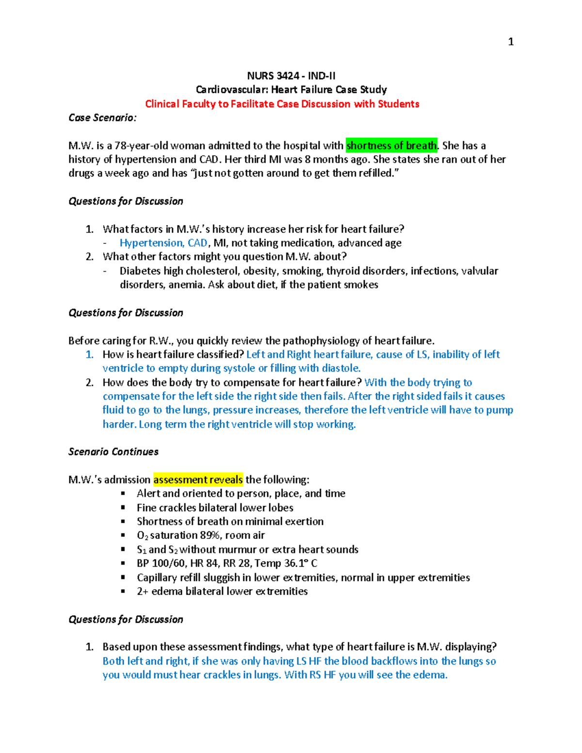 Heart Failure Case Study - Cardiovascular - 1 NURS 3424 - IND-II ...