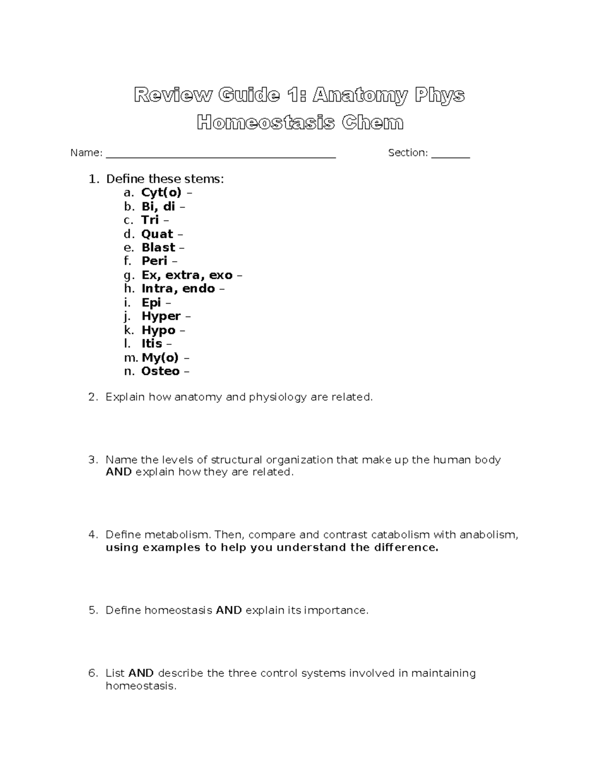 Review Guide 1 Anat Phys and Homeostasis 1 - Name