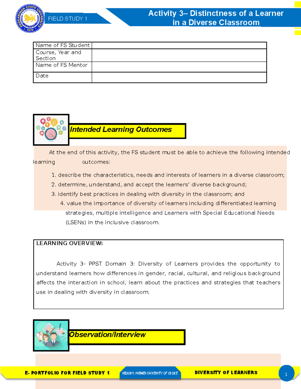 Activity 3 Field Study - Intended Learning Outcomes Observation ...