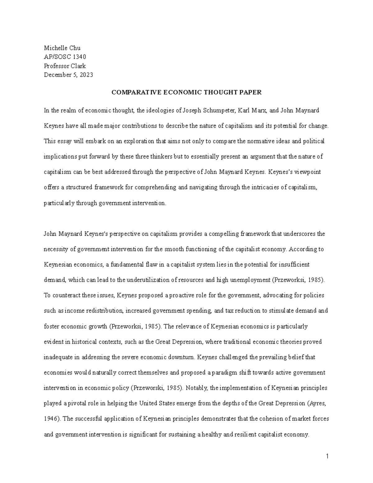 Comparative Economic Thought Paper - Michelle Chu AP/SOSC 1340 ...