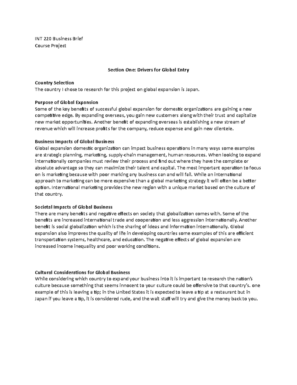 Milestone 2 - INT 220 Business Brief Course Project Section One ...