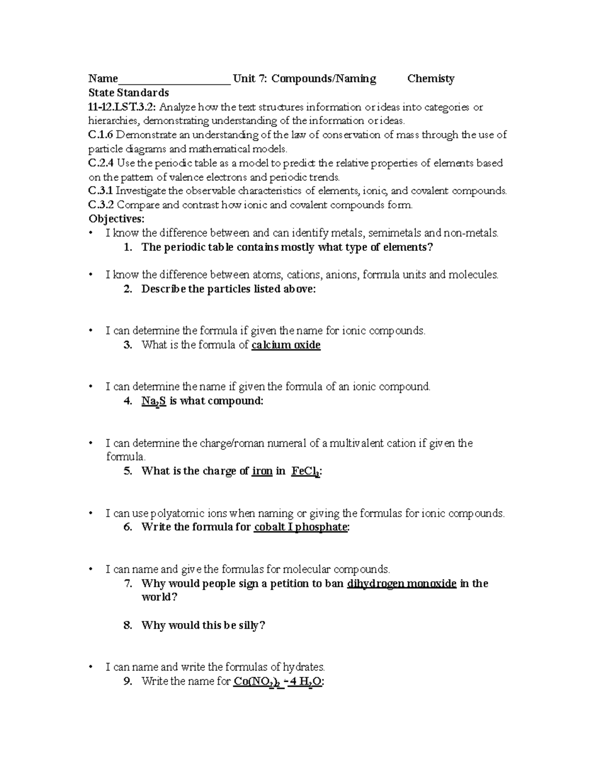 Chem XNaming 17 - Chemistry naming - Name___________________ Unit 7 ...
