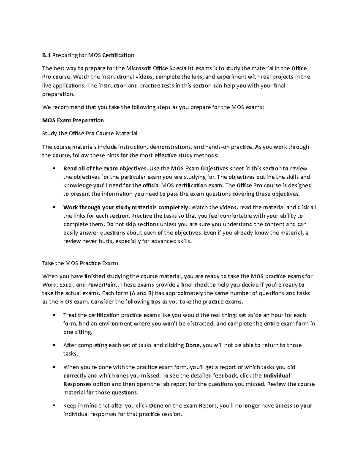 Lecture Notes 2 - B Preparing for MOS Certification The best way to ...