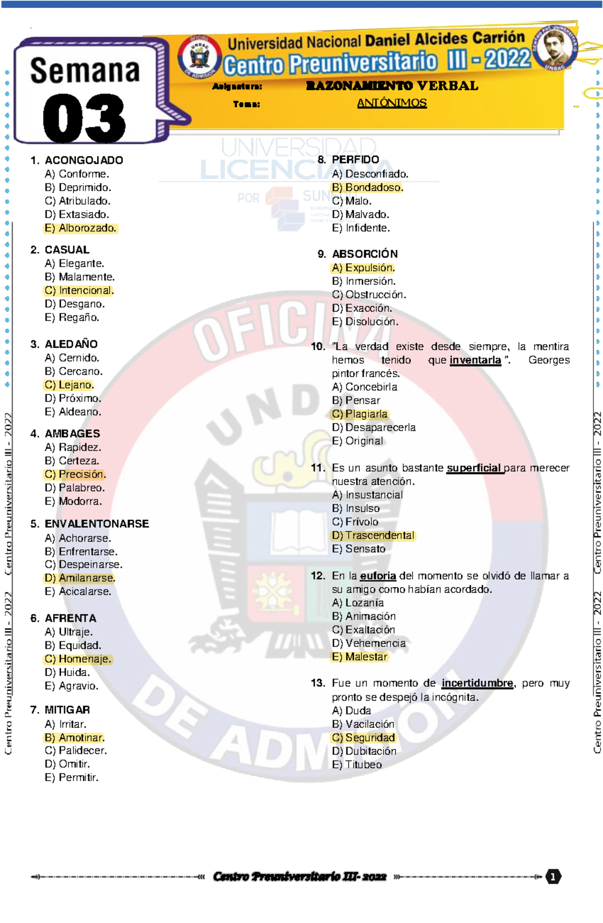 Semana 3 Letras - . 1. ACONGOJADO A) Conforme. B) Deprimido. C ...