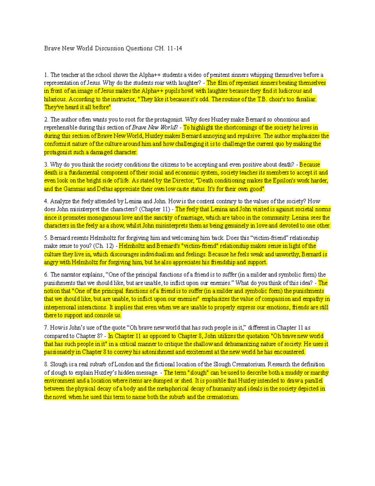 Brave New World Discussion Questions CH. 11-14 - 11- The teacher at the ...